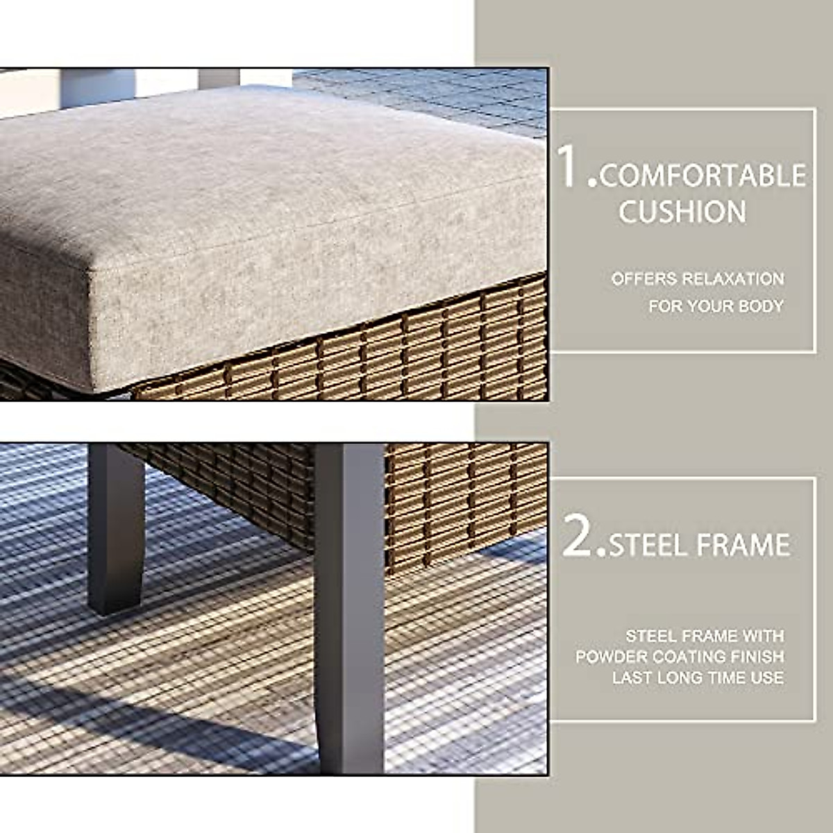 LOKATSE HOME Outdoor Wicker Ottoman Patio Rattan Furniture Metal Footrest Seat Square Footstool with Cushion