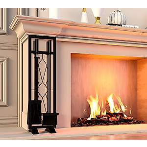 Fire Beauty Fireplace Tools Set 5 Pieces Fireside Accessories Fire Kit Stand Woodstove Tools Holder Wrought Iron Handle Indoor Fireset Stand