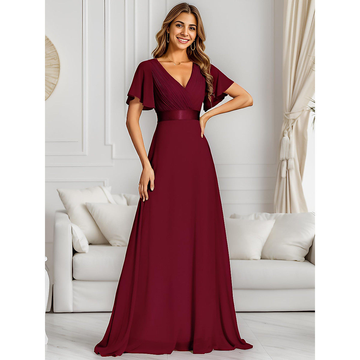 Ever-Pretty Women's Classic Chiffon Short Sleeve Pleated V-Neck Floor Length Bridesmaid Dresses Burgundy US14