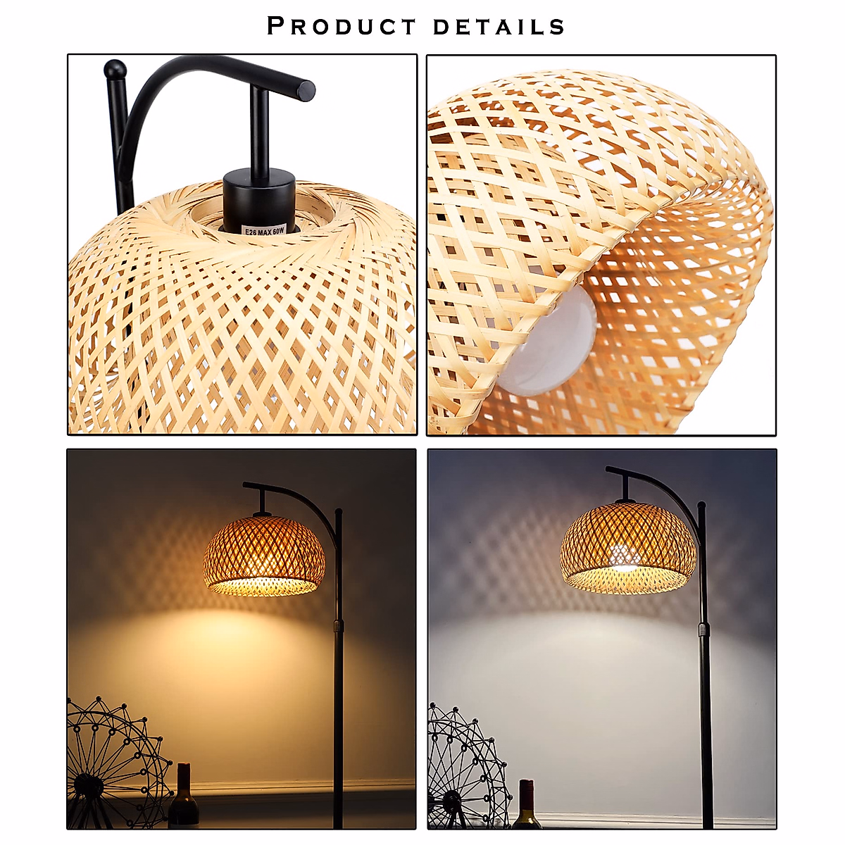 Bamboo Floor Lamp Rattan for Living Room,Bedroom,Farmhouse,Boho Standing Lamp with Control and Dimmable Bulb,Hand-Worked Woven Lamp Shades,Black Industrial Floor Light Adjustable Corner Tall Lamp