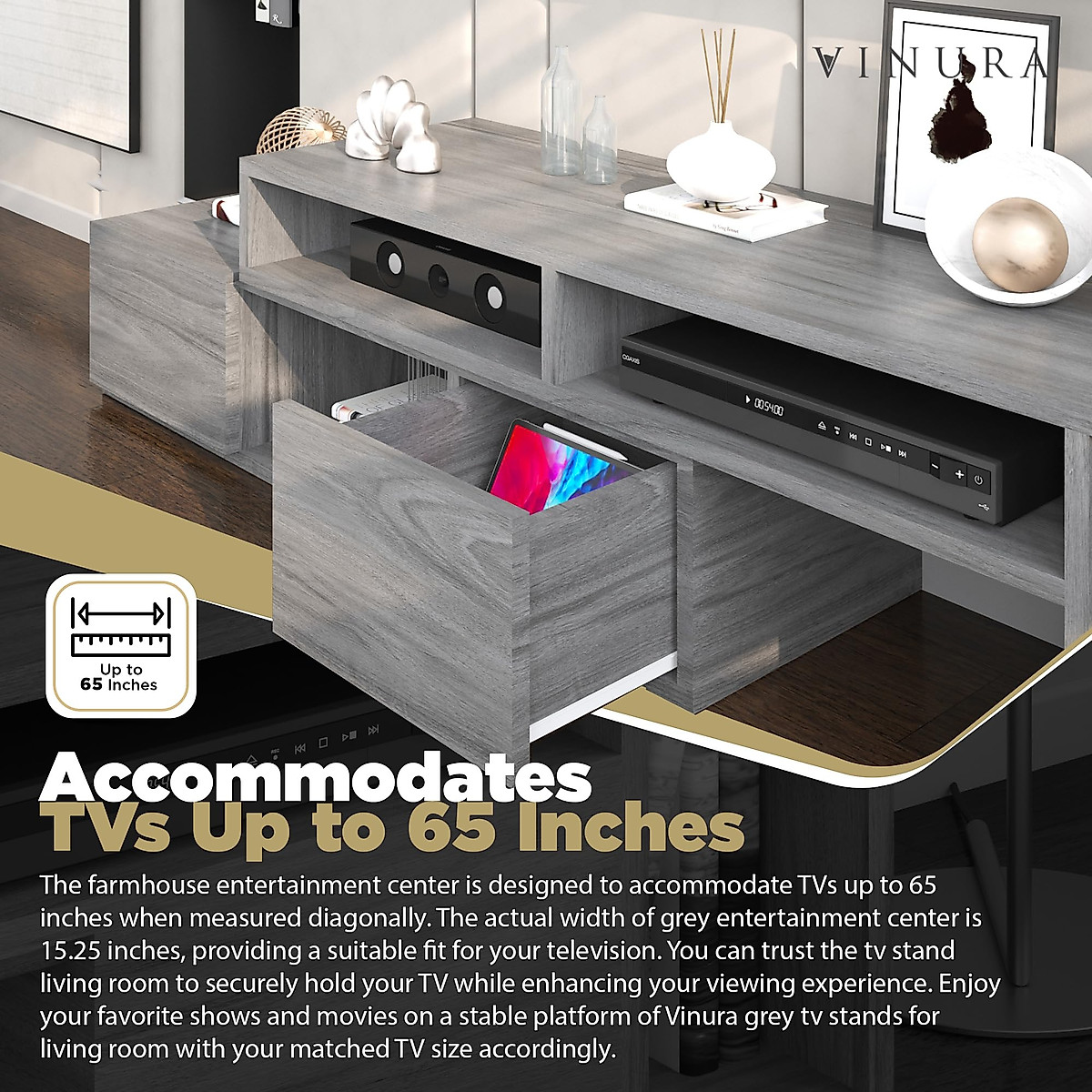 TV Stands for Living Room - 53” Gray Entertainment Center with Storage Shelves & Cabinets - Multipurpose TV Stand with Storage - Gray TV Stands for Living Room for Game Console