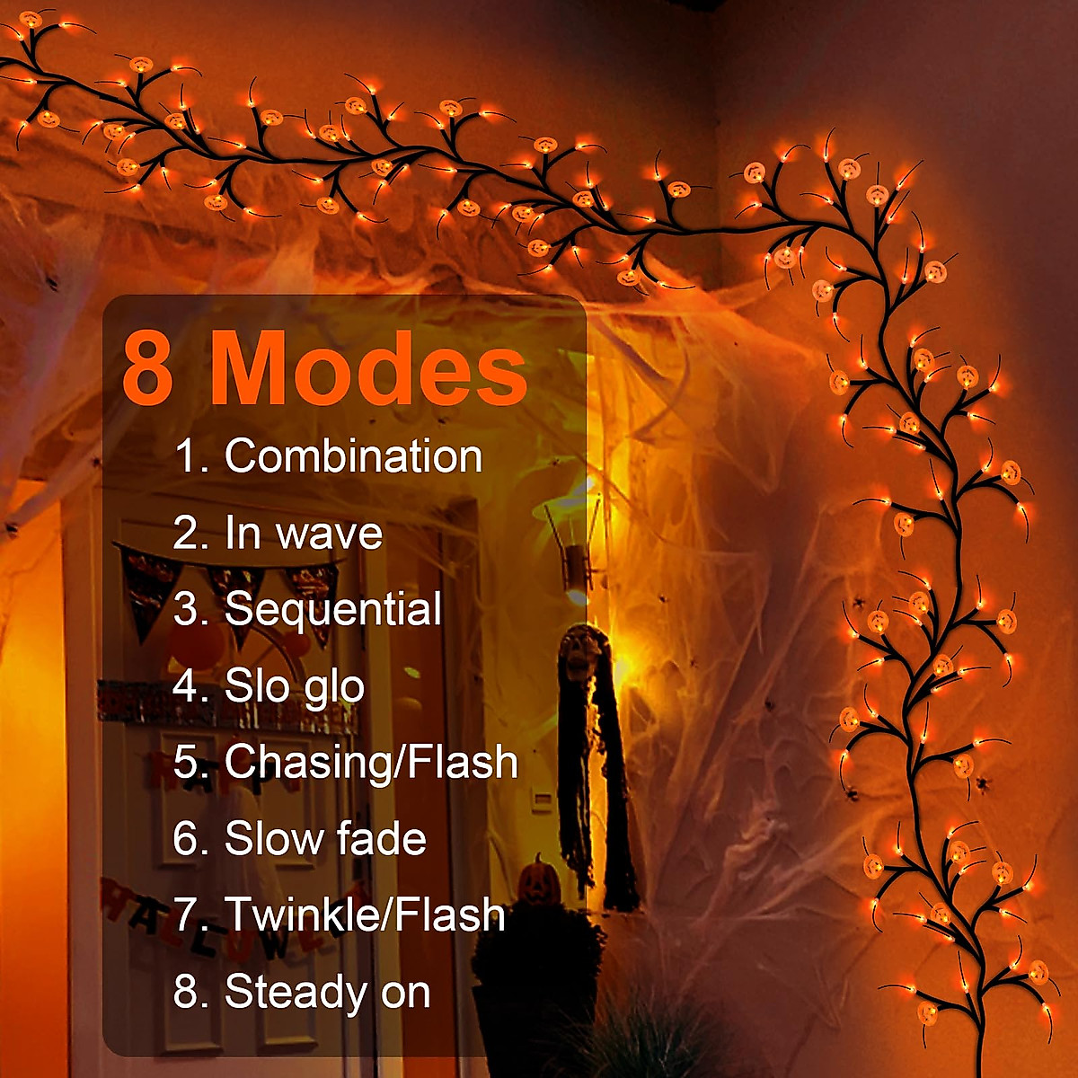 BOLWEO Halloween Willow Vine Twig Garland Lights, 6ft Pumpkin Lights Battery Operated with Timer 8 Modes Waterproof Halloween Decorations for Wall Window Door