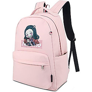 Roffatide Anime Demon Slayer Kamado Nezuko Backpack for Girls Printed Schoolbag Lightweight Nylon Daypack Pink