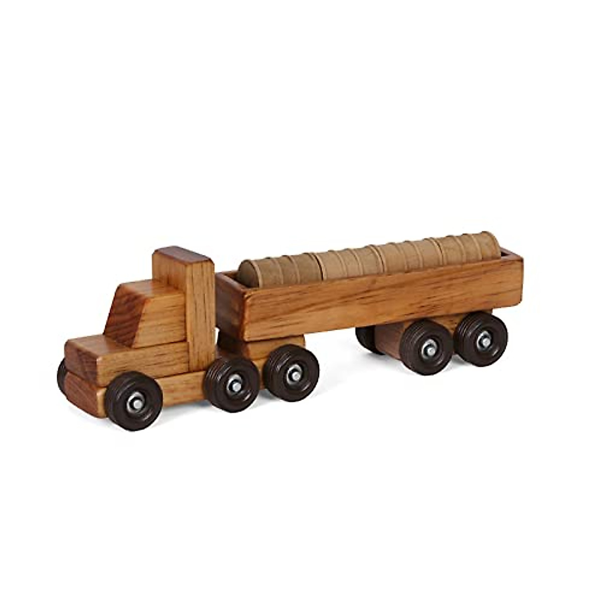 AmishToyBox.com Wooden Barrel Truck Toy - with Removable Wood Barrels - Child-Safe Harvest Stain Finish