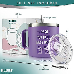 KLUBI Best Friend Gift Women - “I wish you lived next door” 14oz Purple Tumbler Mug - Cute idea for Friendship, Long Distance, Bestie, Birthday, Present, Female, Hostess, BFF