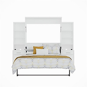 RoomAndLoft Queen Size White Murphy Wall Bed in Solid Wood, with Storage and Shelves, No Box Spring Needed, Easy Assembly, Up to weight capacity