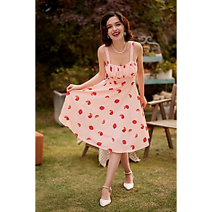 Retro Dresses for Women Vintage 1950s Dresses Floral A-Line Swing Midi Sun Dresses Women Summer Strawberry X-Large