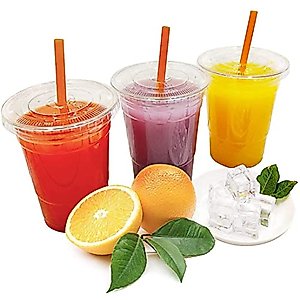 TashiBox Plastic Cups with Flat Lids 100 Sets 16 oz , Clear Crystal drink cups with lids