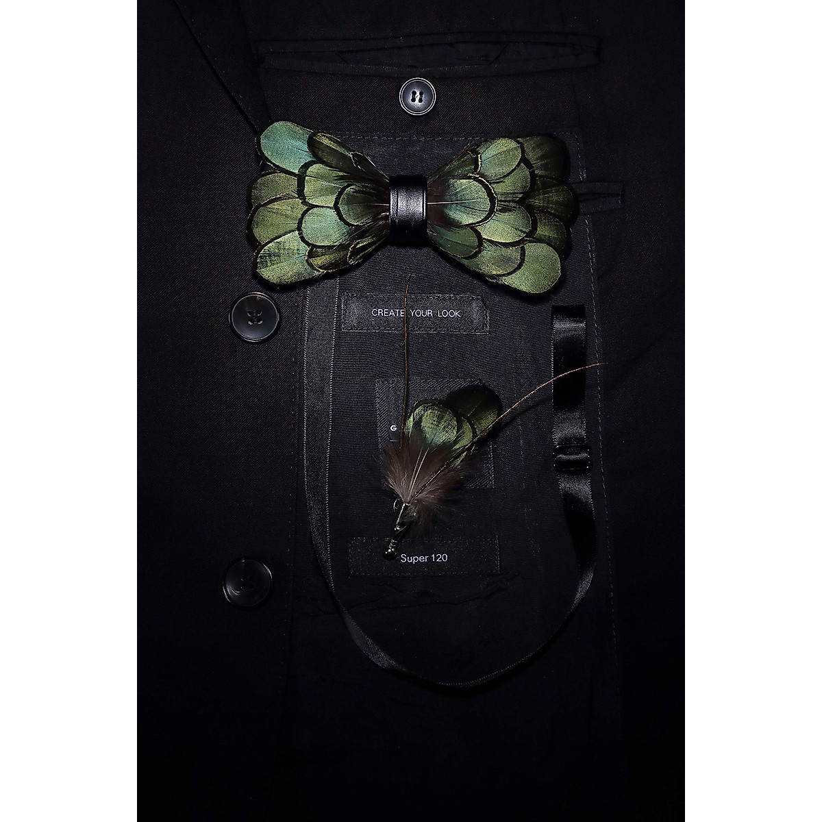 RBOCOTT Green Feather Pre-tied Bow tie Leather Bowtie and Brooch Sets for Men(6)