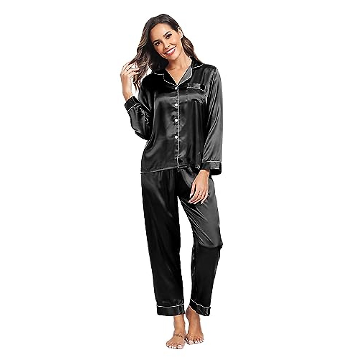 Super Shopping-zone Women's Soft Long Satin Pajama Set Long Sleeve Pjs Set Sleepwear Silk Loungewear Black