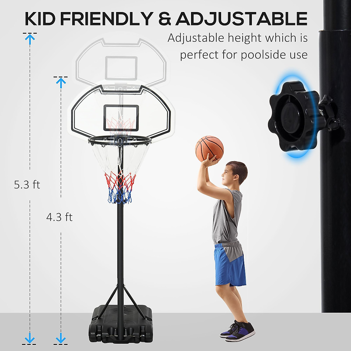 Aosom Poolside Basketball Hoop Stand Portable Basketball System Goal, Adjustable Height 3'-4', 30" Backboard