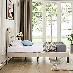 VECELO Premium Upholstered Platform Bed Diamond Stitched Panel Headboard, Metal Frame & 12 Strong Wood Slat Support, Mattress Foundation/Easy Assembly,Twin,Beige