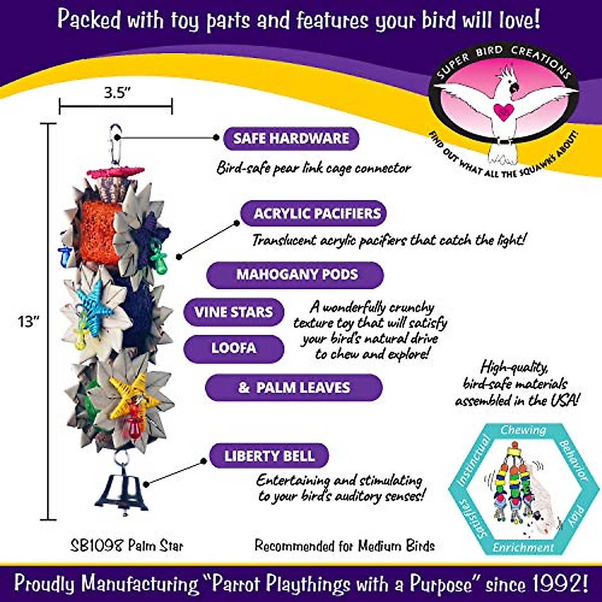 Super Bird Creations SB1098 Palm Star Bird Toy, Medium Bird Size, 13" x 3.5" x 3.5"