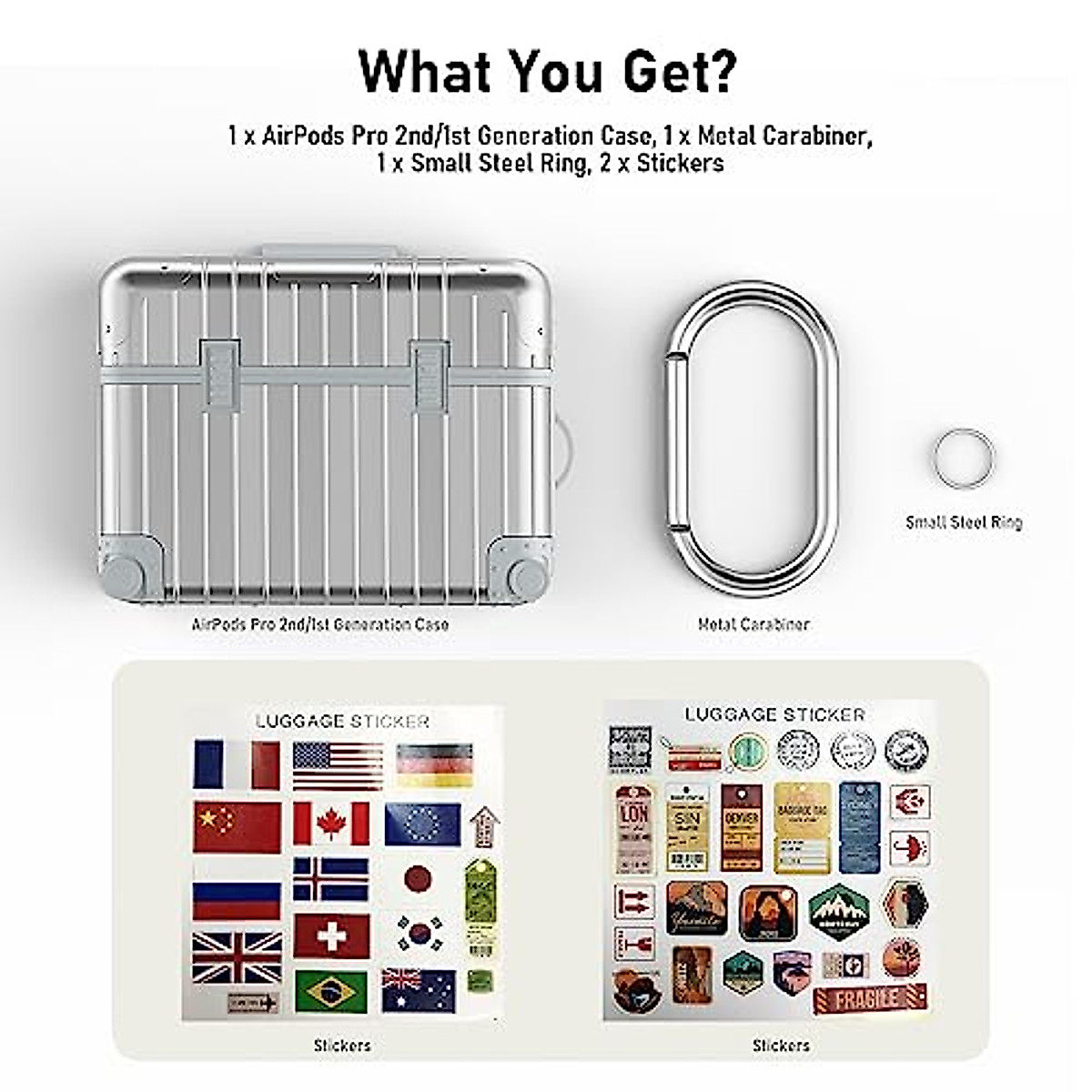 AirPods Pro 2 Case Cover, KOREDA Funny Suitcase Design Case for Airpods Pro 2nd Generation/1st Generation (2022/2019), Cute Fashion Protective Hard Case for Women Men with Keychain (Silver)