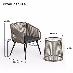 EAST OAK Breezeway Patio Furniture Set, 3-Piece Outside Bistro Set Handwoven Rattan Wicker Chairs with Waterproof Cushions, Tempered Glass Table, Outdoor Conversation Set, Light Grey & Dark Grey