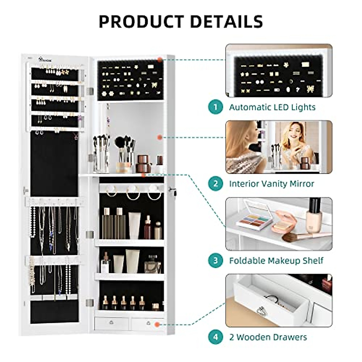 YITAHOME LEDs Jewelry Cabinet Wall Mounted, 47.2" H Jewelry Armoire Over door with Mirror Space Saving Jewelry Storage Organizer, 2 Drawers, Foldable Makeup Shelf, White