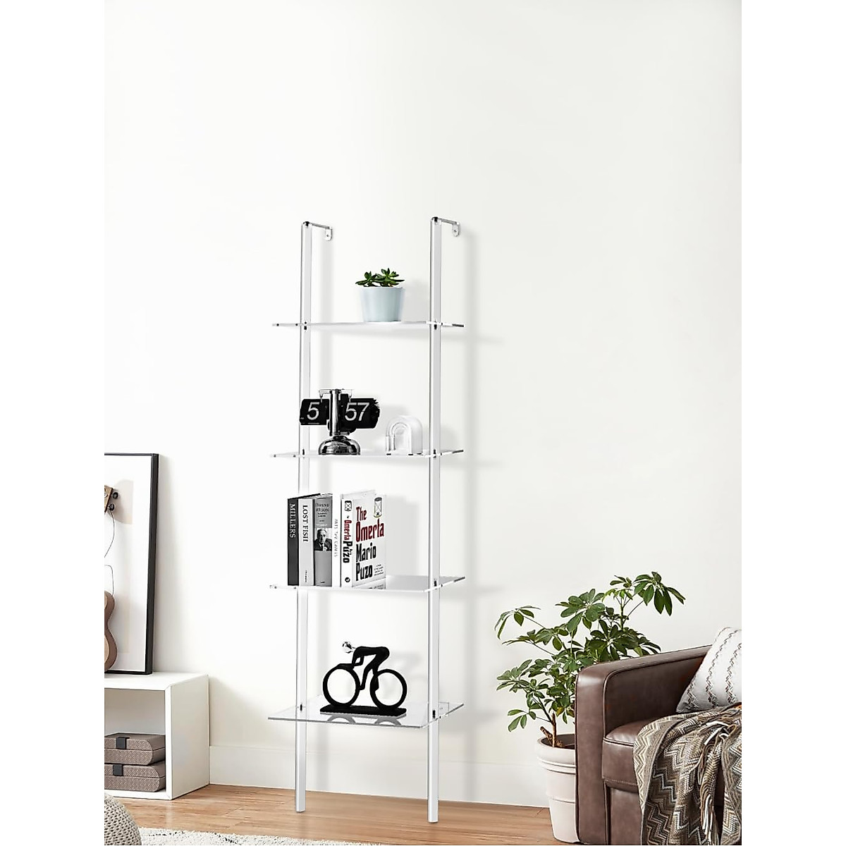 takor Compact Acrylic Ladder Bookshelf, Space-Saving 4-Tier Modern Design for Small Areas, Elegant Acrylic Bookcase for Living Room, Bathroom, Office (9.4" D x 15.7" W x 60.6" H)