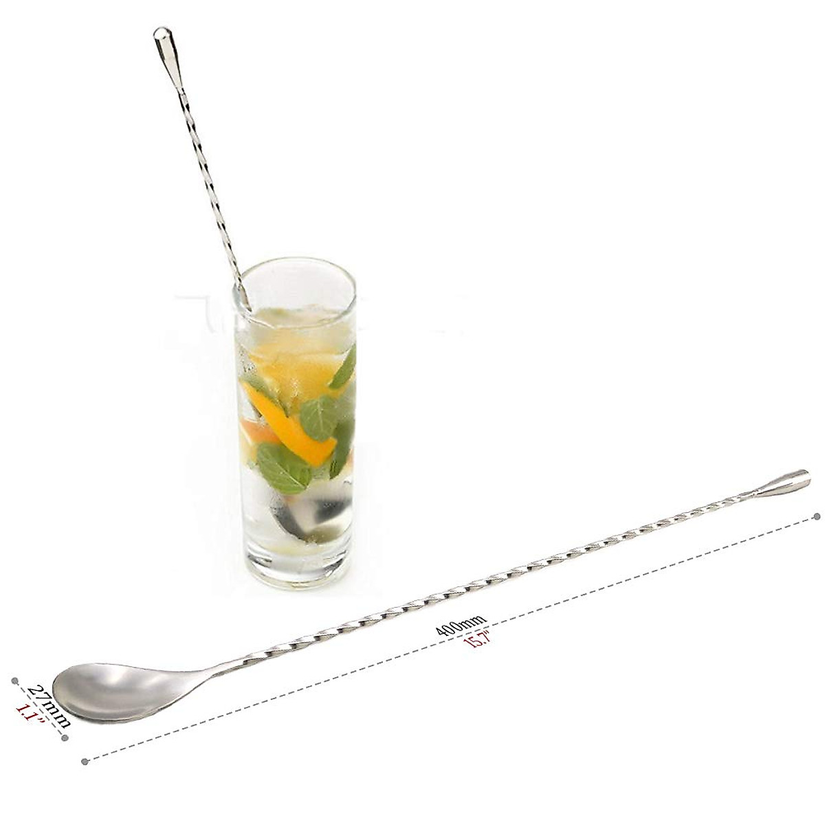 15.7“ Extra Long Cocktail Mixing Spoon Set Food-Grade 18/8 Stainless Steel Stirrer Spiral Pattern Bar Cocktail Shaker Spoon for Ice Cream Smoothies Malts Milkshakes Juice Coffee Tea Drink - Set of 2