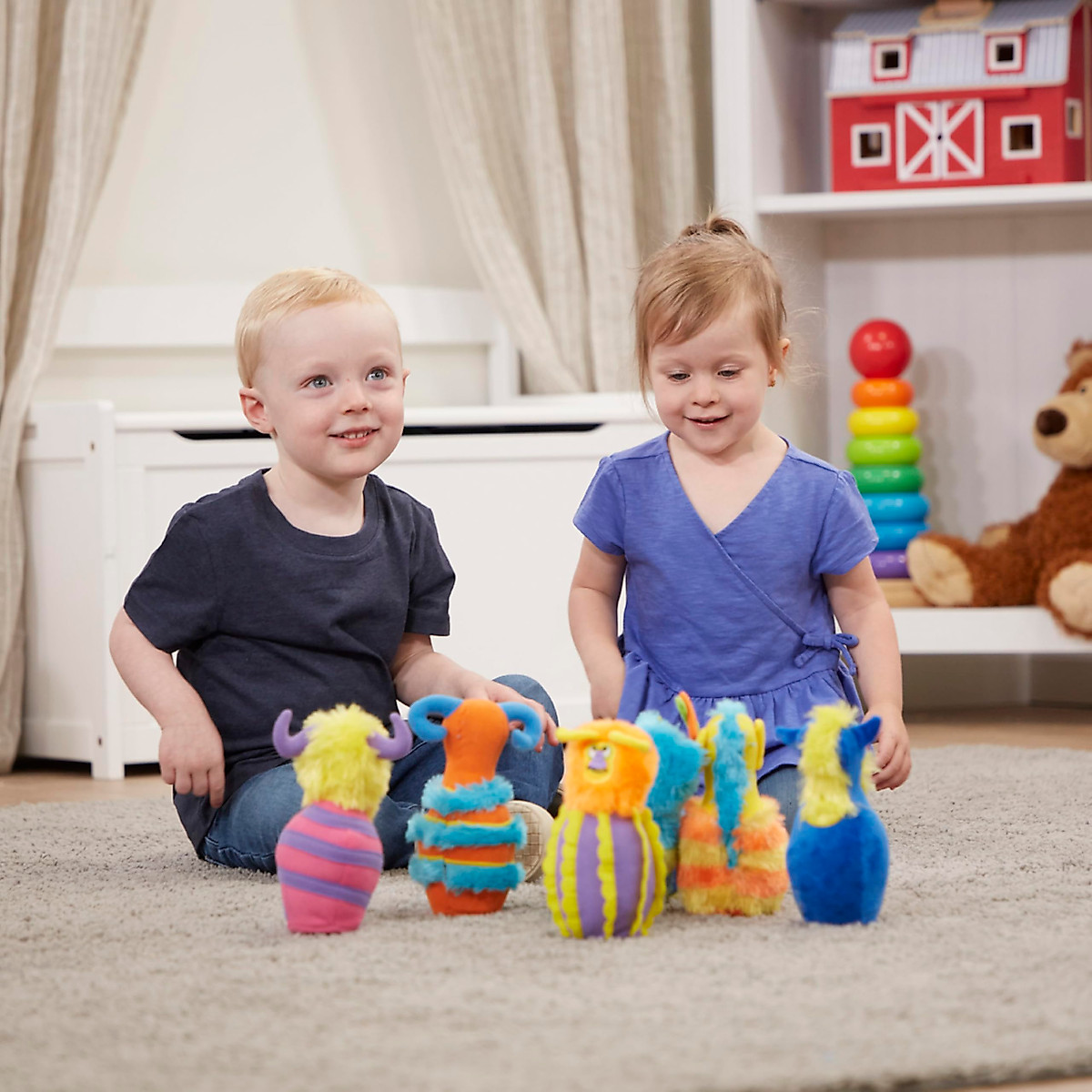 Melissa & Doug Fuzzy Monster Bowling Pins & Ball With Mesh Storage Bag (8-Piece Set) - Toddler Plush Indoor Bowling Set, Monster Bowling Set For Toddlers And Kids Ages 2+