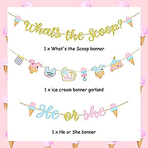 What's The Scoop Decoration Set - Gold Glitter What's The Scoop Banner, He or She Banner Garland and 8 Pieces Ice Creme Garland for Ice Cream Theme Gender Reveal Party Decorations