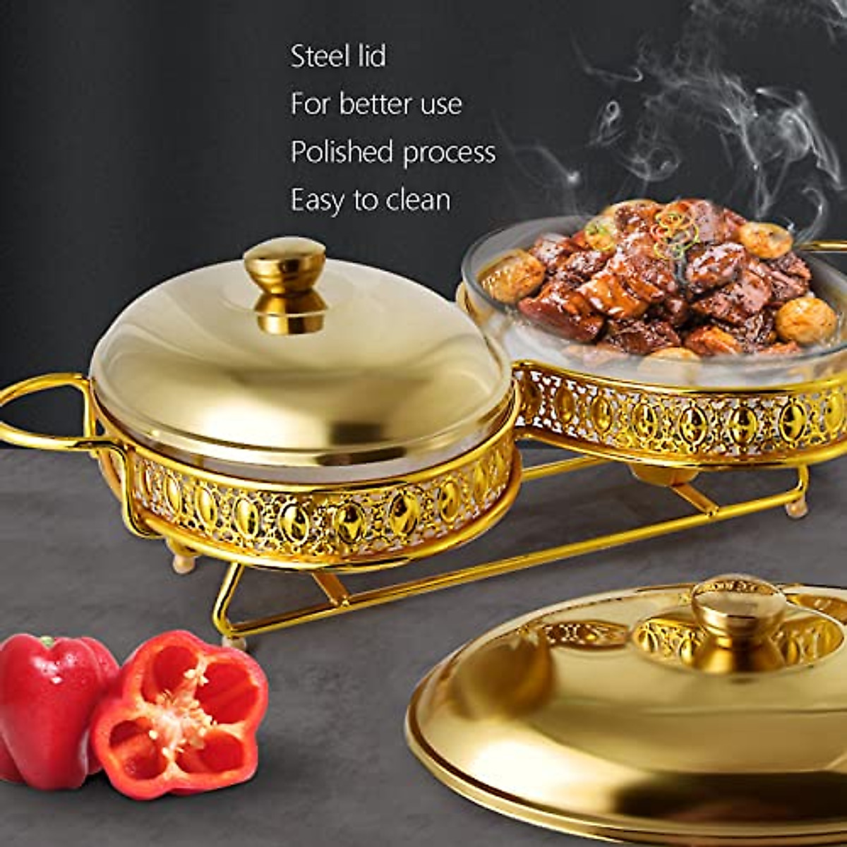 IGUATU Food Heater - Buffet Server and Heater, Burner to Keep Food Warm, Hot Pot Buffet Set with Toughened Glass Lid, Clear Lid Server Hot Pot Buffet Set,(Size:2L,Color:Silver)