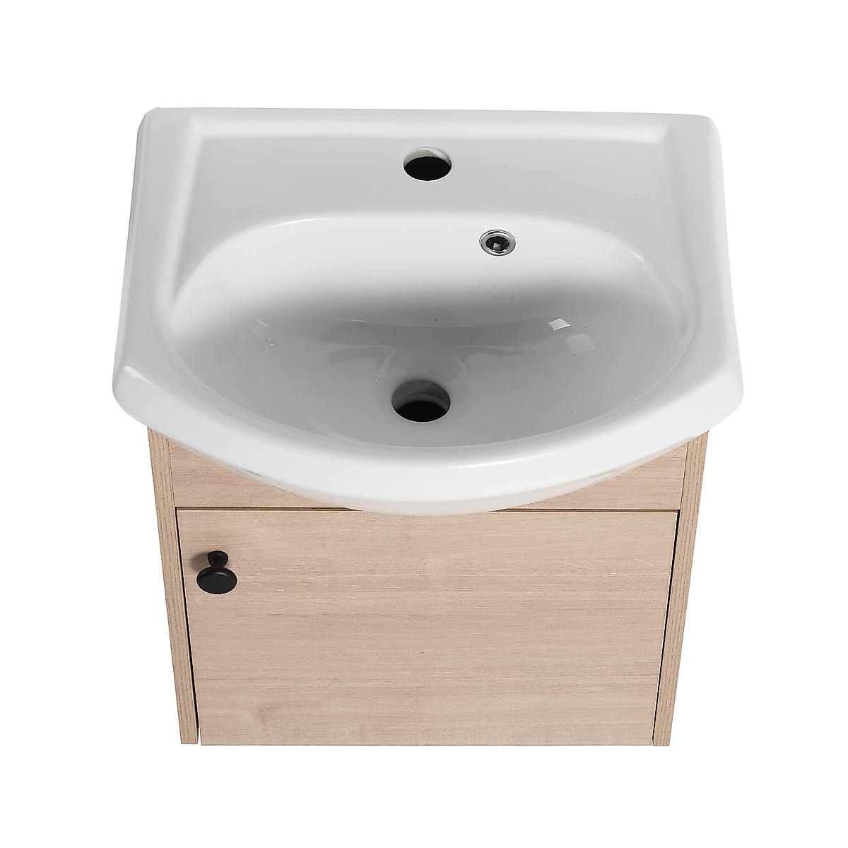 Pvillez Modern Bathroom Vanity with Sink Combo 18 inch Small Bathroom Vanity Set with Top Basin & Storage Cabinet Wood Wall Mounted Light Oak Bath Cabinet with Glossy Ceramic Sink for Small Space