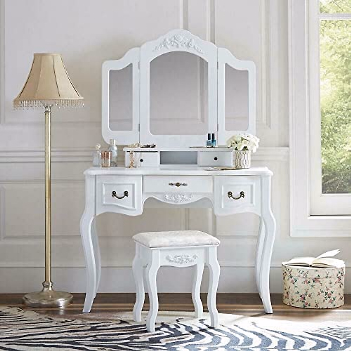 WINVOX Vanity Set, White Tri-Folding Mirror Vanity Set 5 Drawers Dressing Table Makeup Desk Stool ZLYCFCDUS