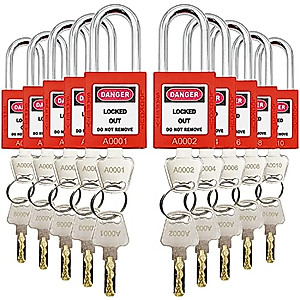 SAFBY 10 Keyed Different Lockout Tagout Lock - Loto Safe Padlocks for Lock Out Tag Out Stations and Devices (Red, Key Different)