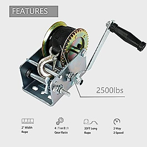 2500lbs Hand Winch + 24FT Strap, Heavy Duty Hand Crank Gear Winch Portable Manual Winch for Trailer, Boat or ATV