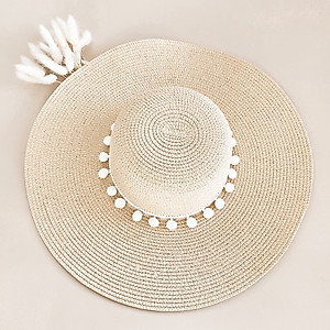 Personalized Beach Hat | Custom Tan Hat with White Poms | Women’s Floppy Hat | Mrs Honeymoon Foldable Sun Hat for Bride