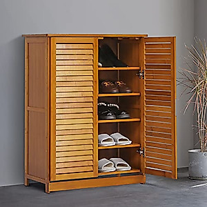 MoNiBloom 5 Tier Shoe Storage Cabinet with Shutter Doors, Bamboo Shoe Floor Storage Organizer Rack for 11-15 Pairs Entryway Hallway Mudroom, Brown