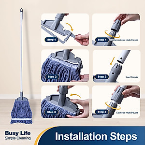 Yocada Looped-End String Wet Mop Heavy Duty Cotton Mop Commercial Industrial Grade 64.1" Long Iron Pole for Cleaning Office Garage Hardwood Warehouse Factory Mall Deck with Totally 3 Mop Heads