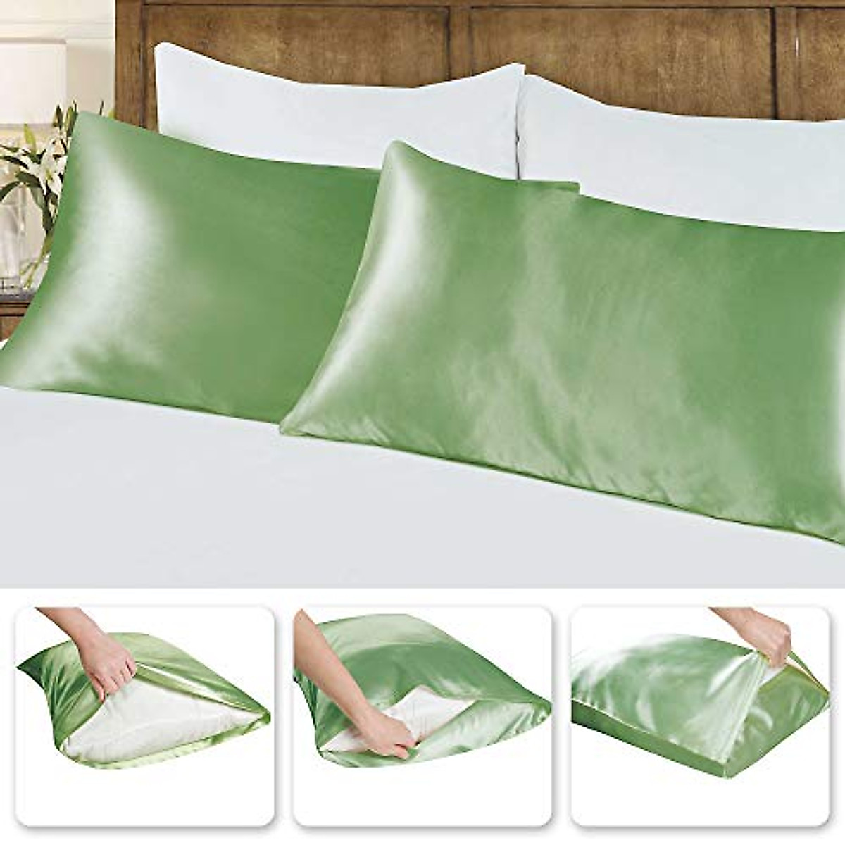 Tyfitb Satin Pillowcase for Hair and Skin, Sage Pillowcases Set of 2, Cooling Pillow Cases Queen Size(20×30 Inches), Soft Luxury Satin Pillowcase with Envelope Closure
