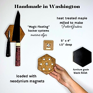 360KnifeBlock magnetic knife HEX - Guitar Wood - 2 Rows of Magnets, 'magic floating backer' w/level system, 2"screws, 3 sizes from 5" to 26" - handmade in Washington (Black, 5" Hexagon)