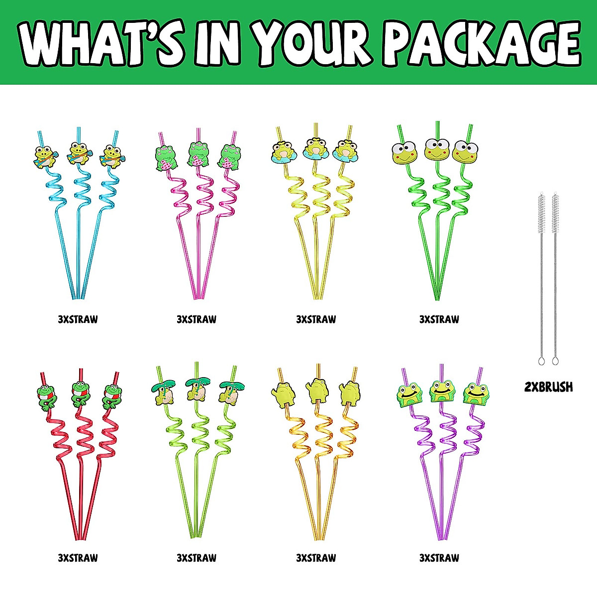 24 Frog Party Favors Drinking Straws with 2 PCS Straws Cleaning Brush for Funky Frogs Party Supplies
