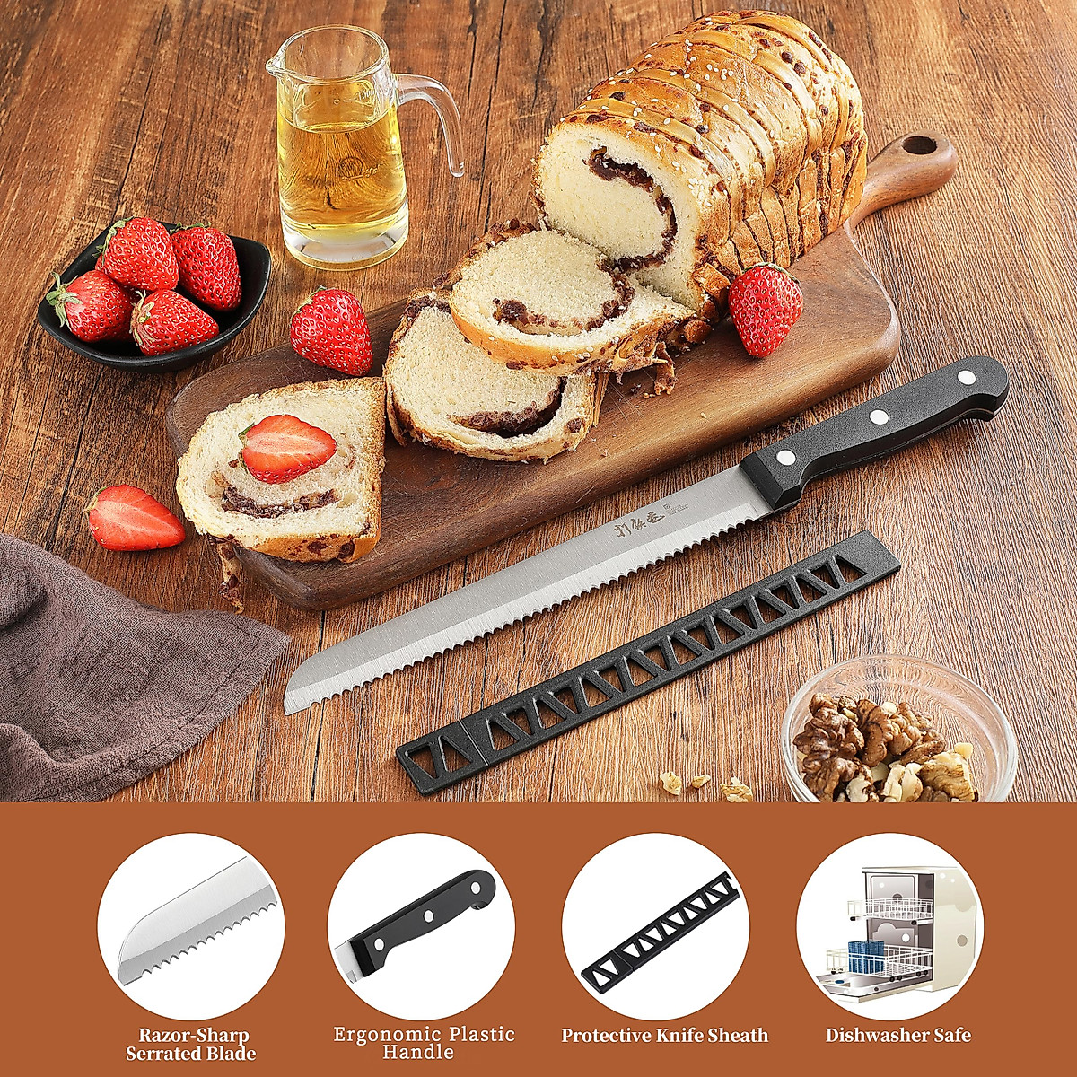 HAMMER IRON ALLEY Bread Knife, HIA Stainless Steel 8 inch Serrated Bread Knife, Perfect for Homemade Bread, Bagels and Cake, Knife Cover Included, Dishwasher Safe (8 inch Blade with 5 inch Handle)