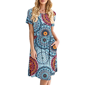 DB MOON Women Summer Casual Short Sleeve Dresses Empire Waist Dress with Pockets (Flower Mix Blue, M)
