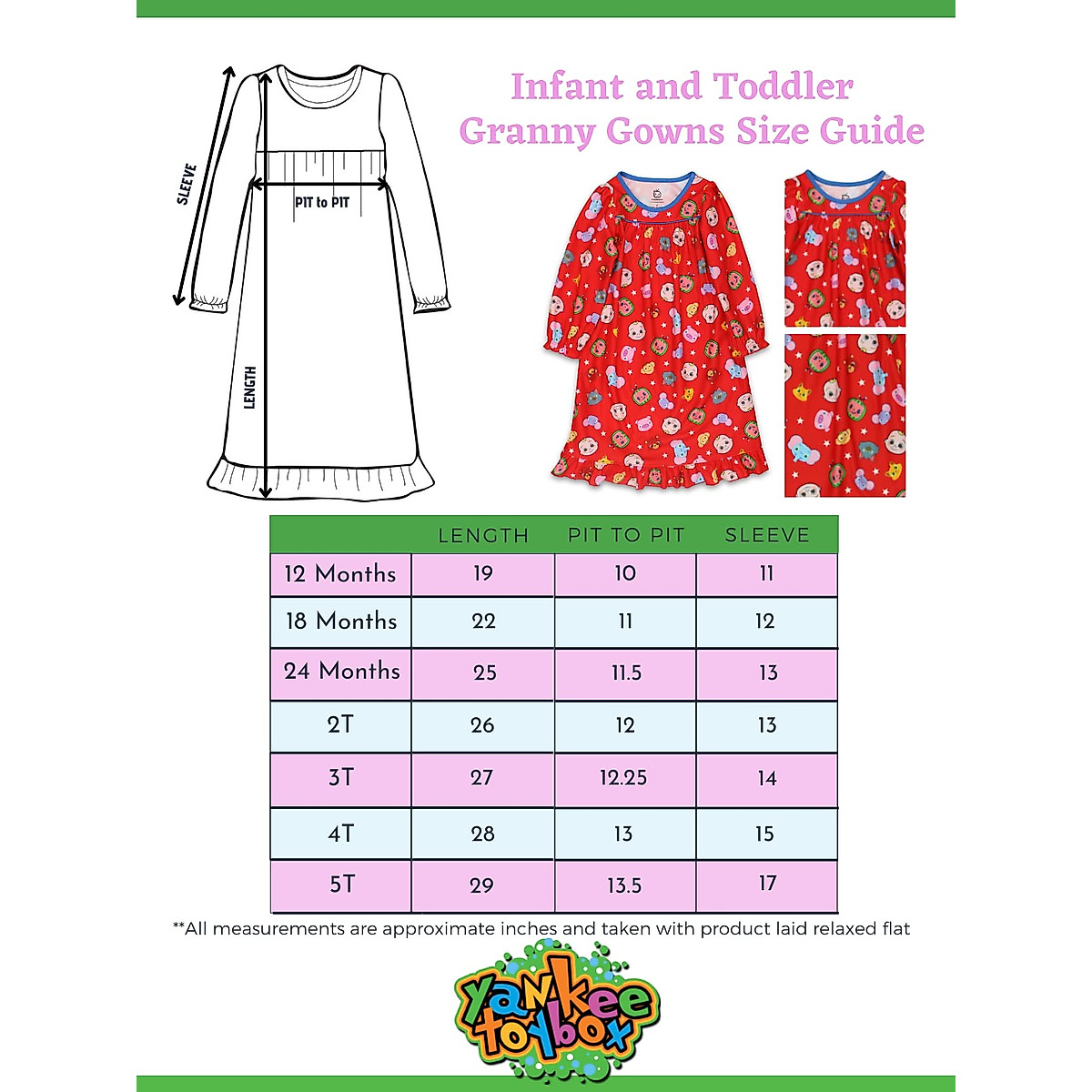 CoComelon Infant and Toddler Girls Flannel Granny Gown Nightgown Pajamas (24 Months, Red)