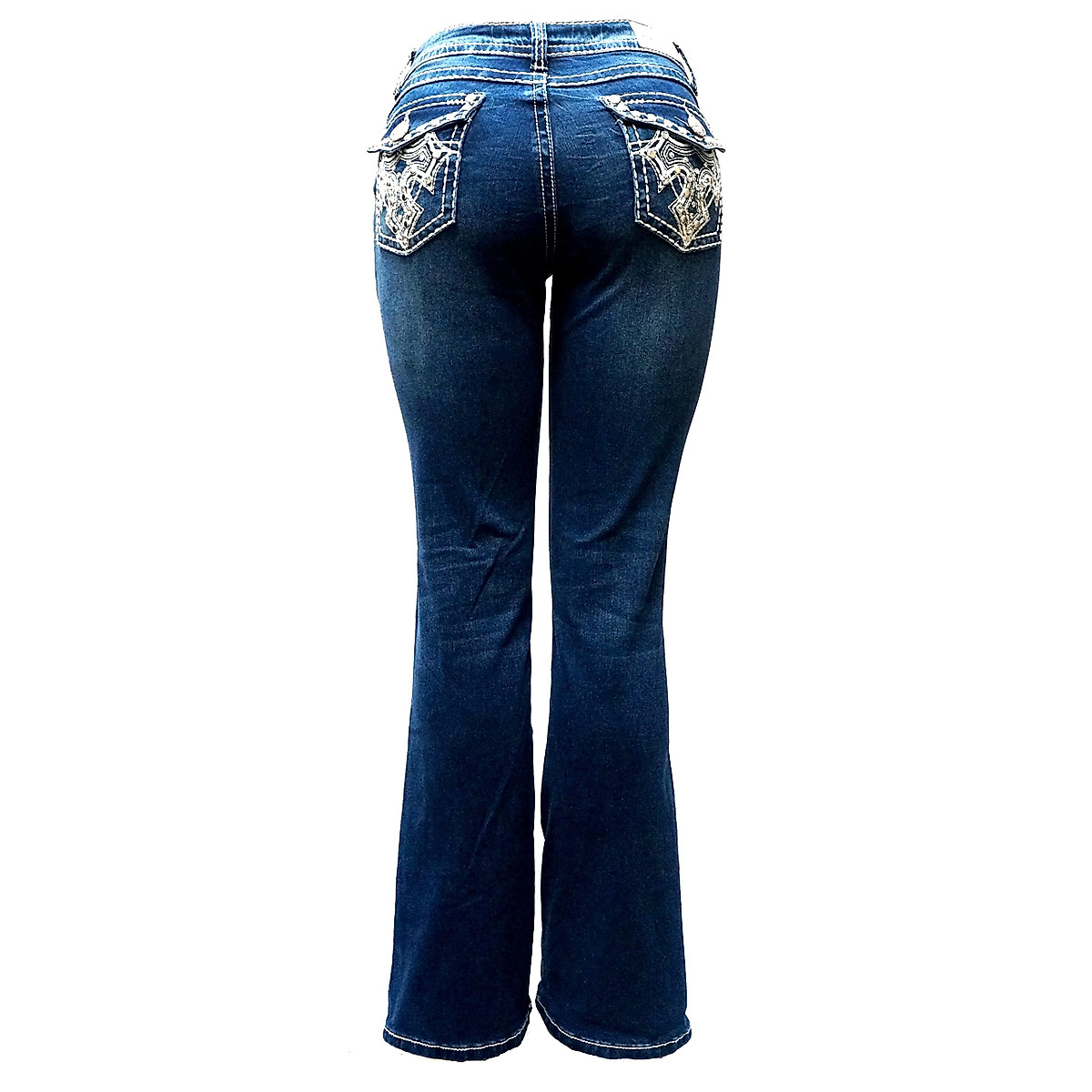 LA Idol Jack David U-Cute Rose 2 Rhinestone Studded Medium & Dark Wash Denim Bootcut Flap Pocket Jeans
