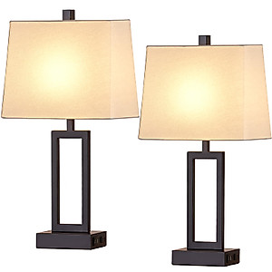 23.5" Touch Control Table Lamps Set of 2, Bedside Lamp with 2 USB Ports & AC Outlet, 3-Way Dimmable Nightstand Lamp with White Linen Shade for Living Room Bedroom End Table Office(2 LED Bulb Included)