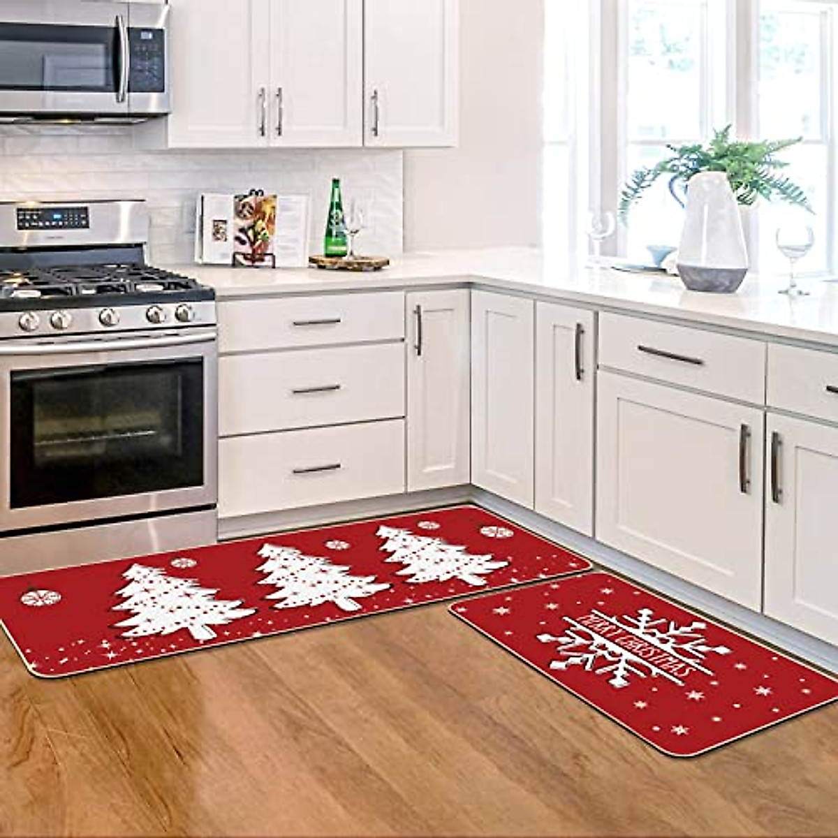Artoid Mode Red Snowflake Merry Christmas Tree Welcome Decorative Kitchen Mats Set of 2, Home Party Low-Profile Kitchen Rugs - 17x29 and 17x47 Inch