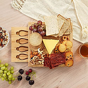 Yibidys Cheese Board Set, Charcuterie board Set, Bamboo Cheese Plate including Knife Sets, Cheese Tray with Slide-Out Drawer for Home and Gift