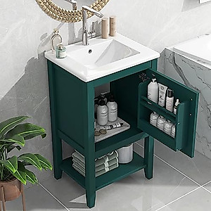 20 Inch Bathroom Vanity with Ceramic Sink, Small Single Sink Vanity Combo with Storage Rack and Open Shelf, Modern Bathroom Cabinet with Sink and Soft Closing Door, Green