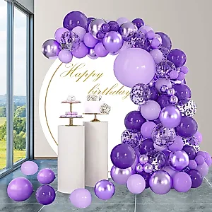 UniStylar 147Pcs Purple Balloons Garland Arch Kit, Light Pastel Lavender Silver Metallic Confetti PurpleBalloons for Womens Girls Baby Shower Wedding Birthday Party Decorations(Purple Silver)