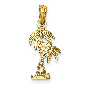 Solid 14k Yellow Gold Textured Double Palm Tree Charm Pendant - 14mm x 9mm