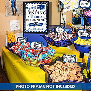 Yaaaaasss! 18pcs Graduation Candy Bar Dessert Buffet Decoration-A Sweet Ending to A New Beginning Sign Blue Congrats Grad Banner Food Labels Dessert Table Party Favor Ideas Supplies Navy Blue
