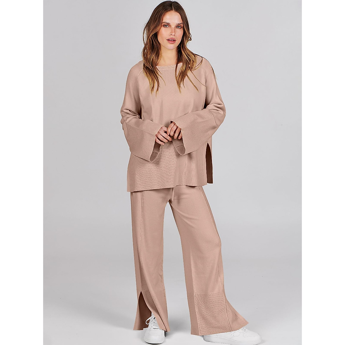 ANRABESS Womens 2 Piece Outfits Oversized Knit Sweater Set Wide Leg Pant Cozy Lounge Matching Pajama Sets 2024 Trendy Clothes Deep Apricot X-large