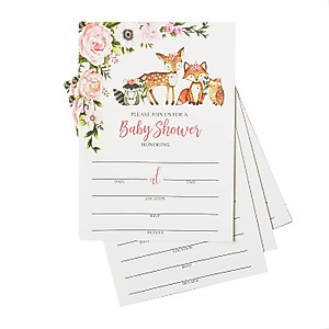 Boxed 25 Girl Woodlands Floral Greenery Baby Shower Invitations (Large Size 5X7 inches), Diaper Raffle Tickets, Book Request Cards with Envelopes Woodland Creatures Invites Fox, Deer, Owl, Raccoon