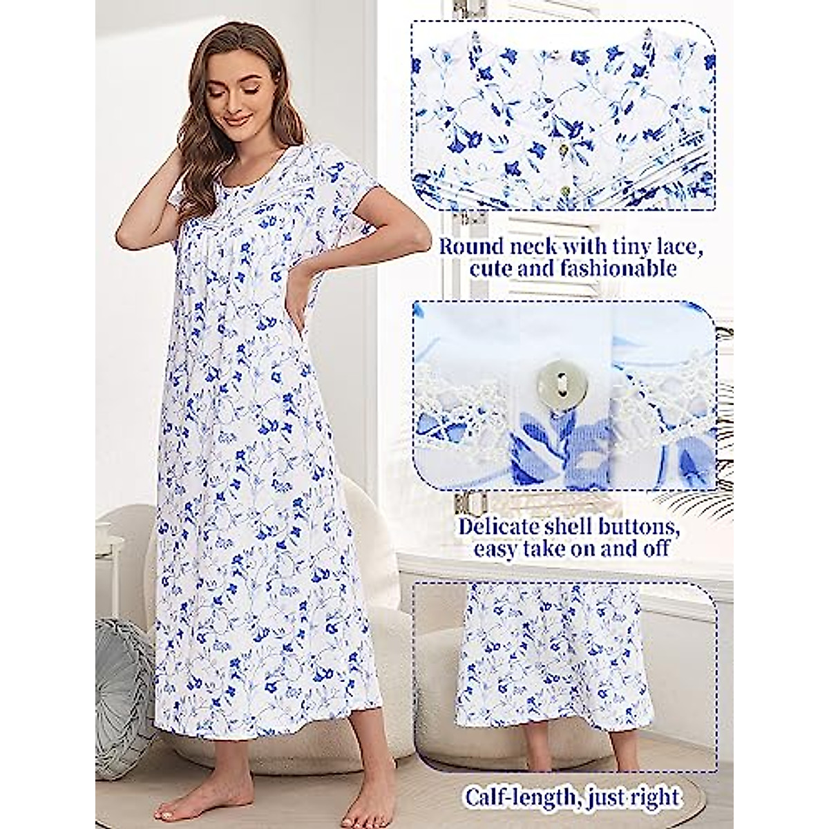 IZZY + TOBY Cotton Nightgowns for Women Soft Short Sleeve Knitted Night Gown Ladies Long Nightdress Sleepwear Blue Morning Bulls M