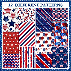 60 Pcs Cotton Jelly 4th of July Fabric Roll Independence Day Fabric Strips Cotton Jelly Fabric Patriotic Quilting Fabric Roll for Sewing DIY Patchwork, 12 Styles